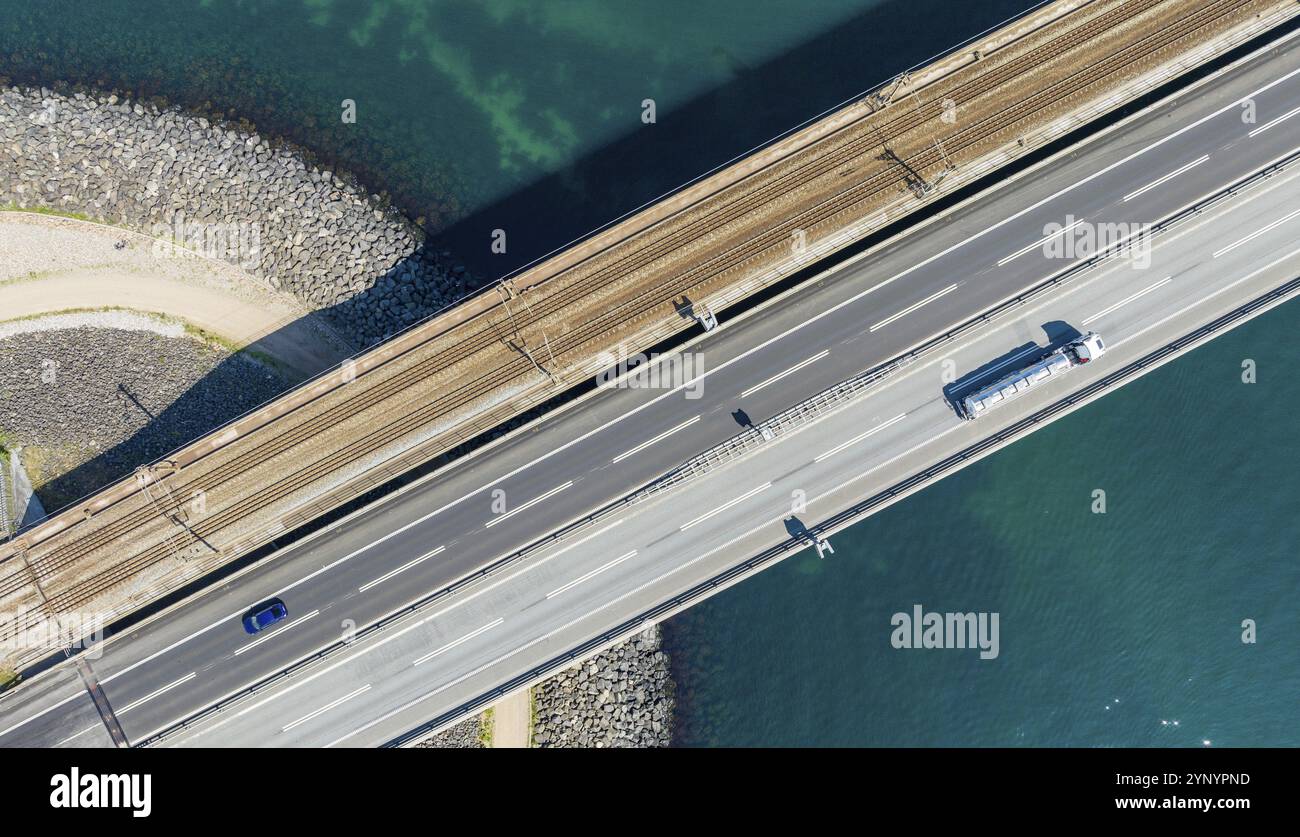 Aerial view of the Great Belt Bridge in Denmark. It connects the ...