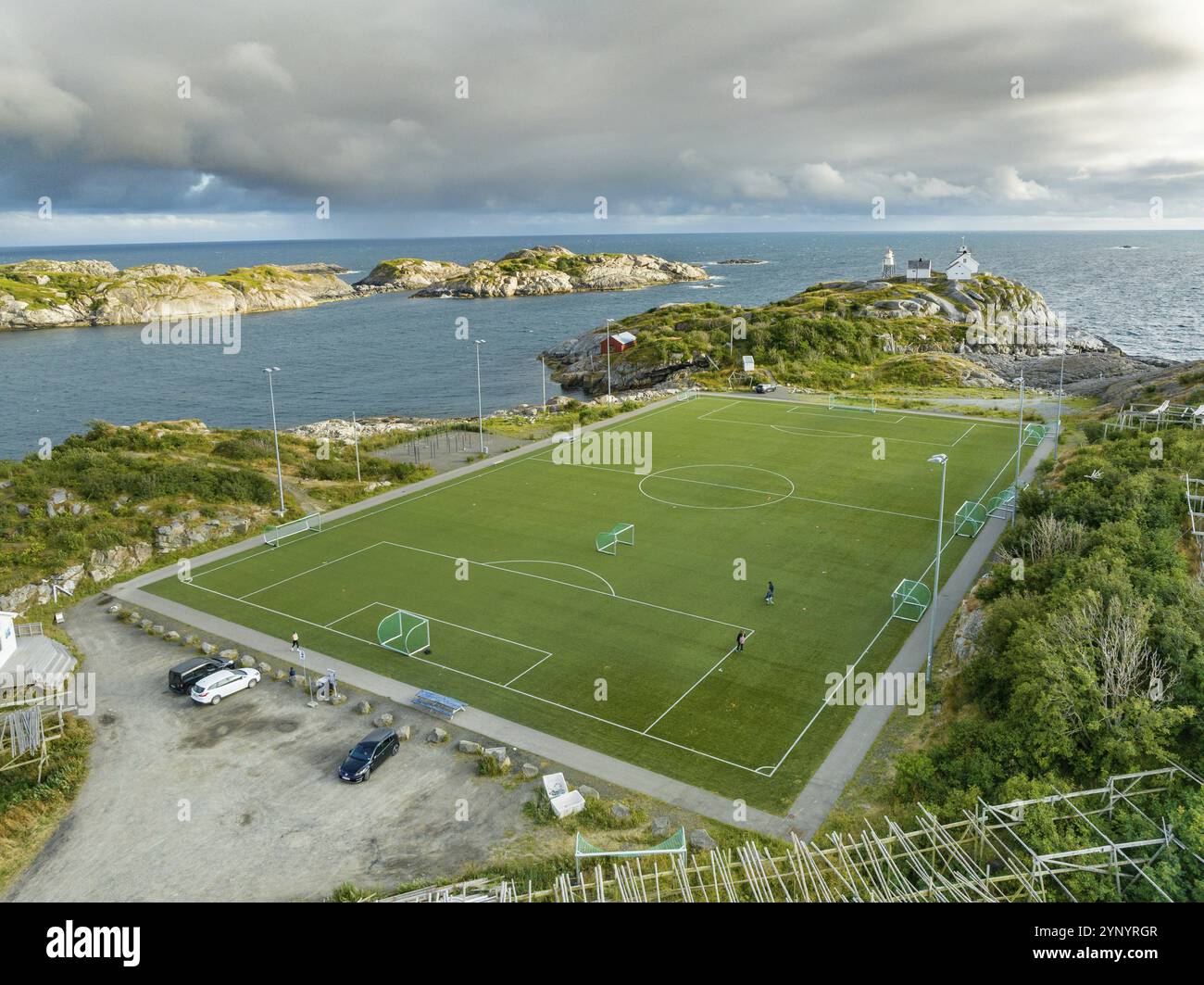 Aerial view of the famous Henningsvaer football stadium on the Lofoten ...