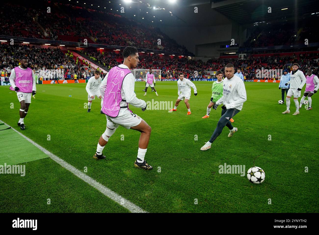 Real Madrid's Jude Bellingham (centre) and Kylian Mbappe (right) during ...