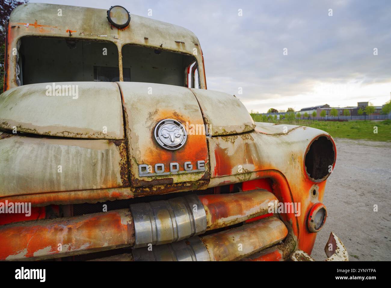 HENGELO, NETHERLANDS, MAY 2, 2023: Old and broken dodge ambulance car ...