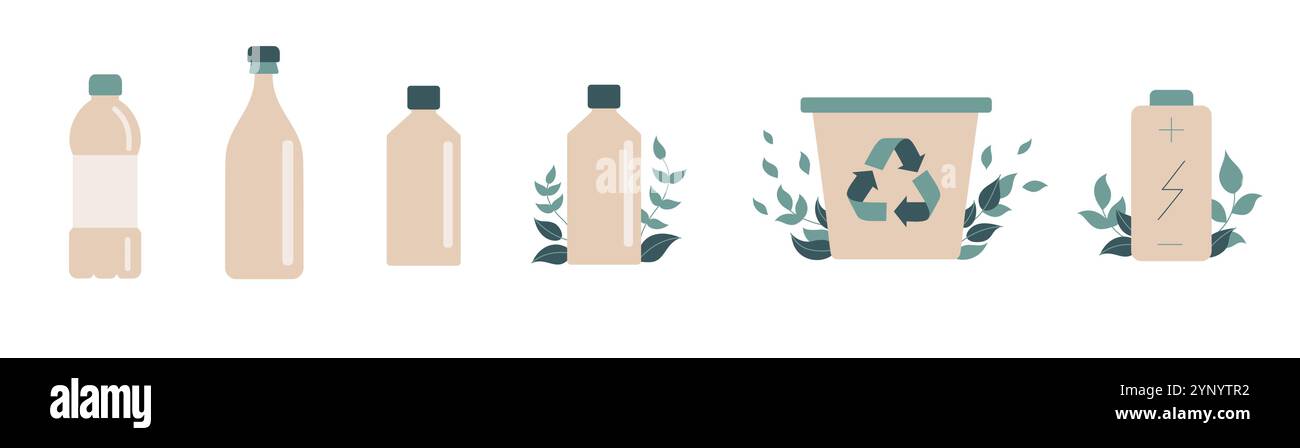 Flat vector illustration featuring various recyclable items, including ...