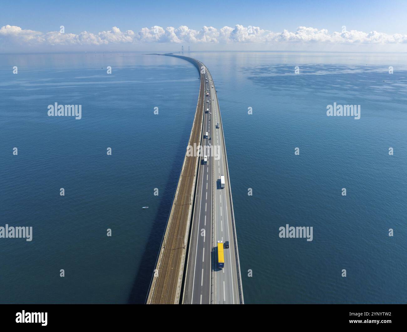Aerial view of the Great Belt Bridge in Denmark. It connects the ...