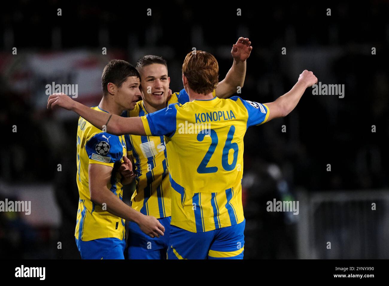 Shakhtar's Danylo Sikan, center, celebrates after scoring the opening ...