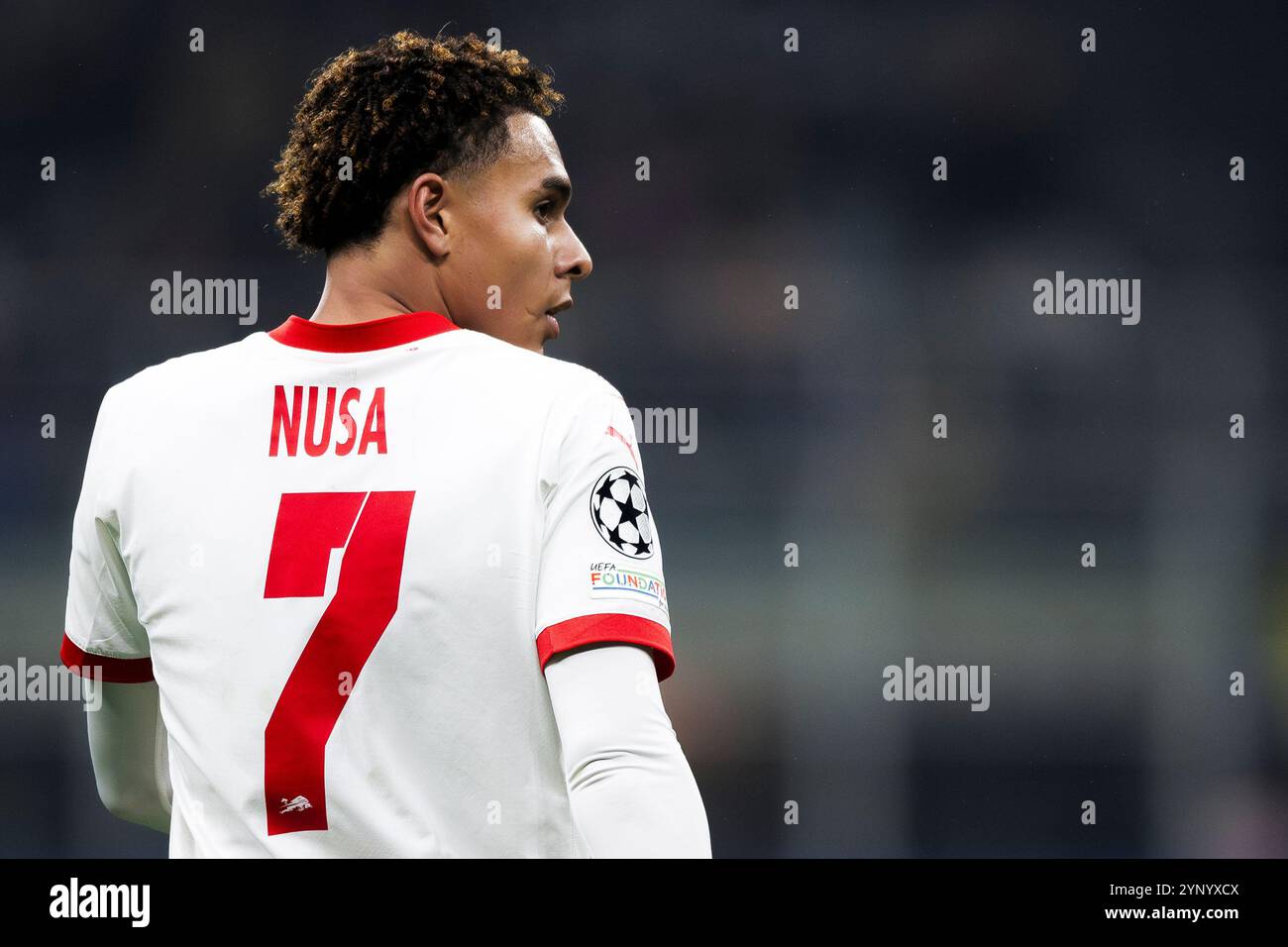 Milan, Italy. 26 November 2024. Antonio Nusa of RB Leipzig looks on ...
