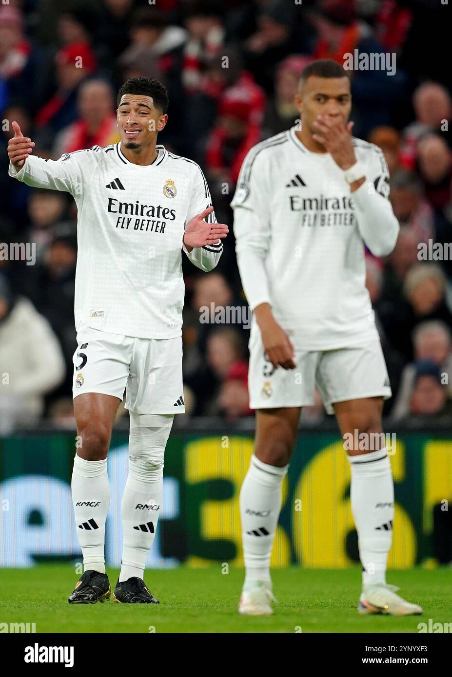 Real Madrid's Jude Bellingham (left) and Kylian Mbappe during the UEFA ...