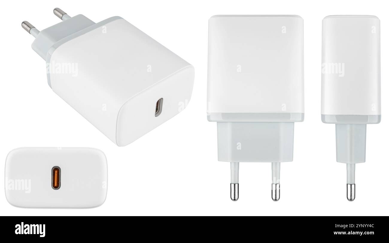 Power supply for tablet phone, adapter white color, on white background ...