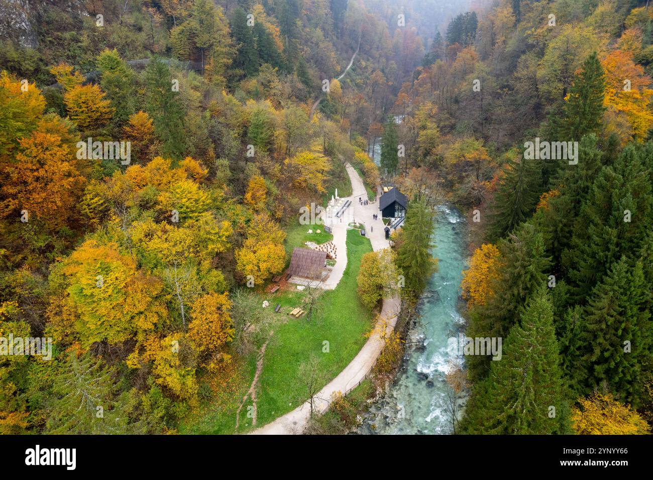 Drone aerial view of Tourists visiting logar valley landscape park in ...