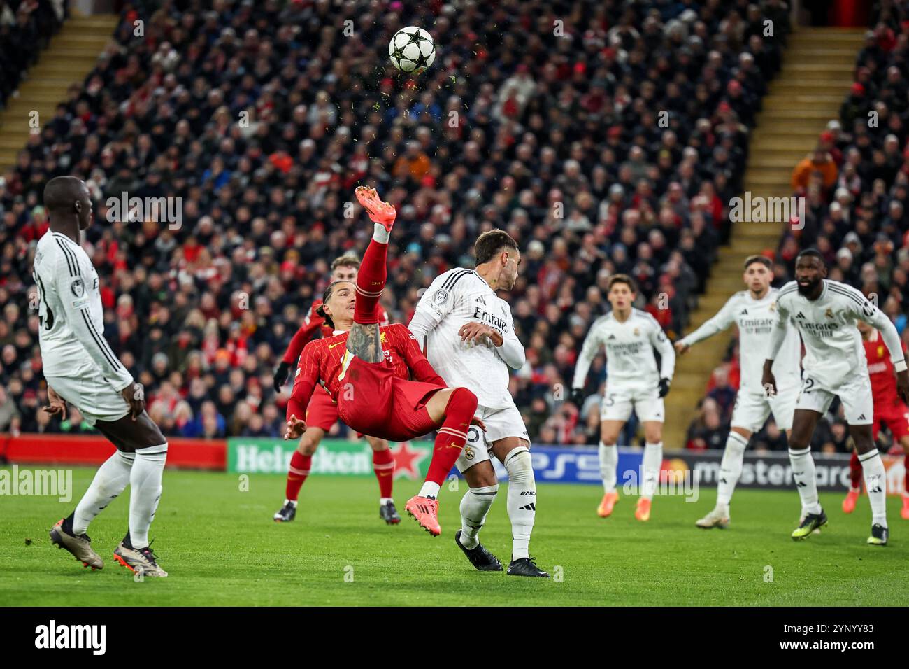Darwin Nunez of Liverpool plays an overhead kick into the box during ...