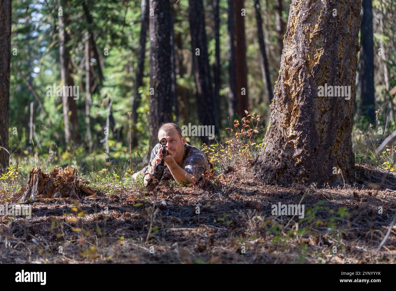 Hunter in camouflage clothing lying on the ground under the tree ...