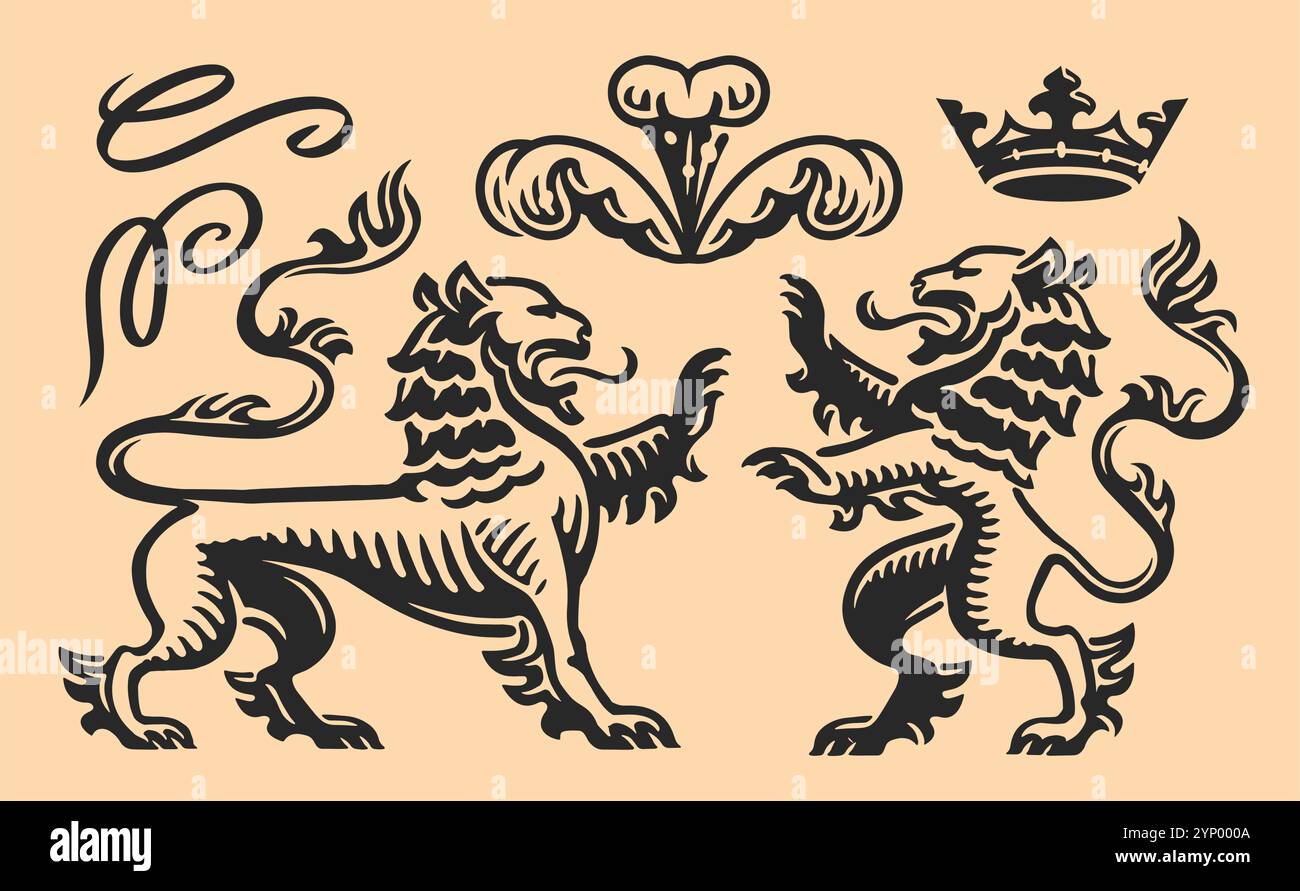 Heraldic design elements set. Royal signs and symbols vector ...