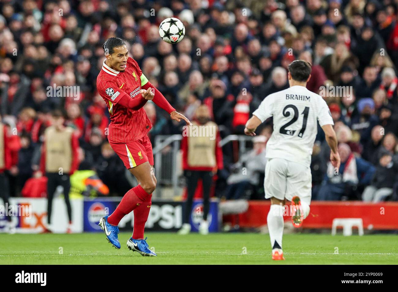 Virgil van Dijk of Liverpool heads the ball during the UEFA Champions ...