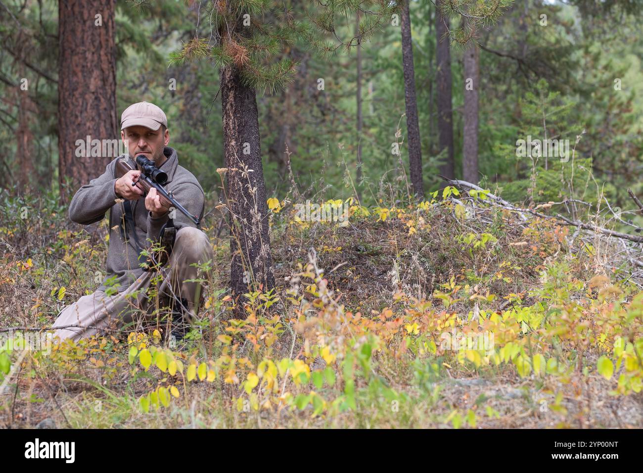 Hunting in the forest. Hunter in kneeling position holding a rifle in ...