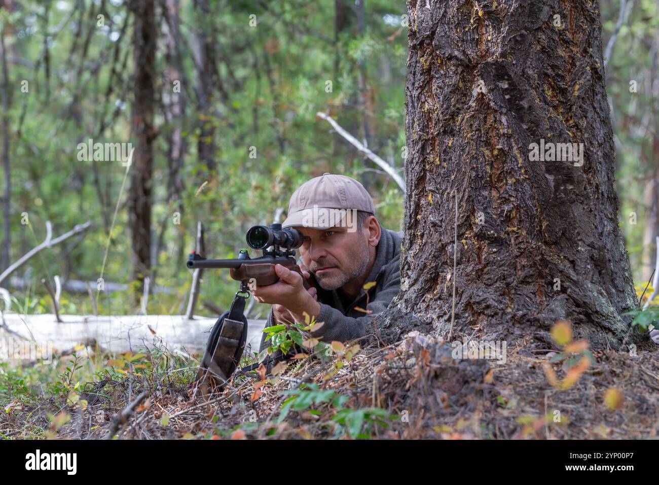 A hunter lies on the ground behind a tree, aiming his rifle at game ...
