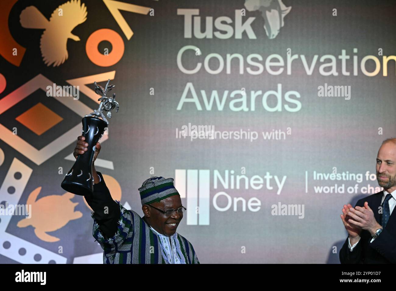 Tusk Award for Conservation in Africa Winner Edward Aruna reacts after receiving his award at ...