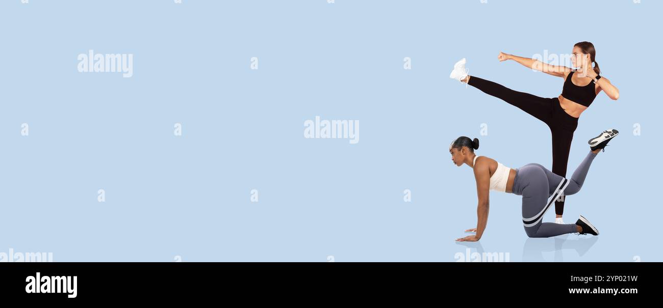 Dynamic workout routine featuring diverse exercise poses indoors Stock ...
