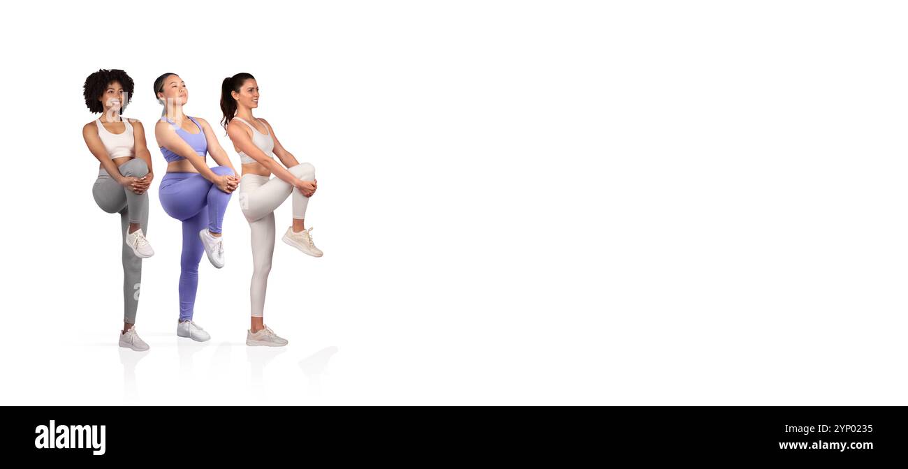 Women performing leg stretches in workout attire for fitness practice ...
