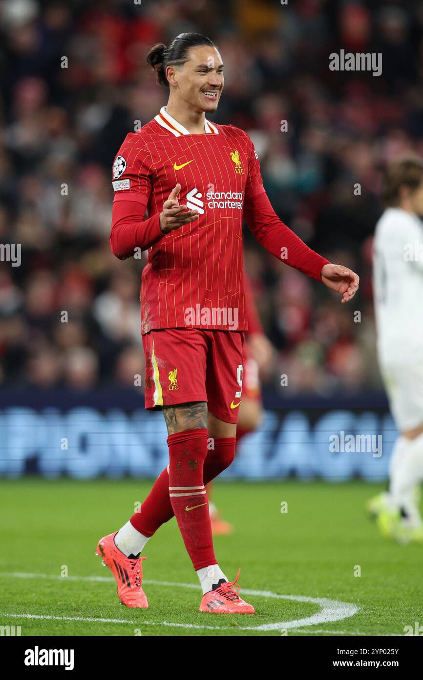 LIVERPOOL, UK - 27th Nov 2024: Darwin Nunez of Liverpool reacts during ...