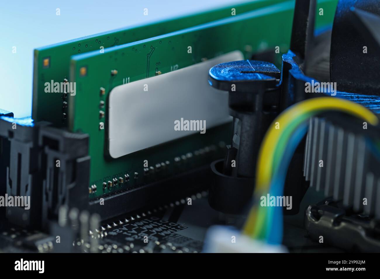 Computer motherboard with RAM chip as background, closeup. Electronic ...
