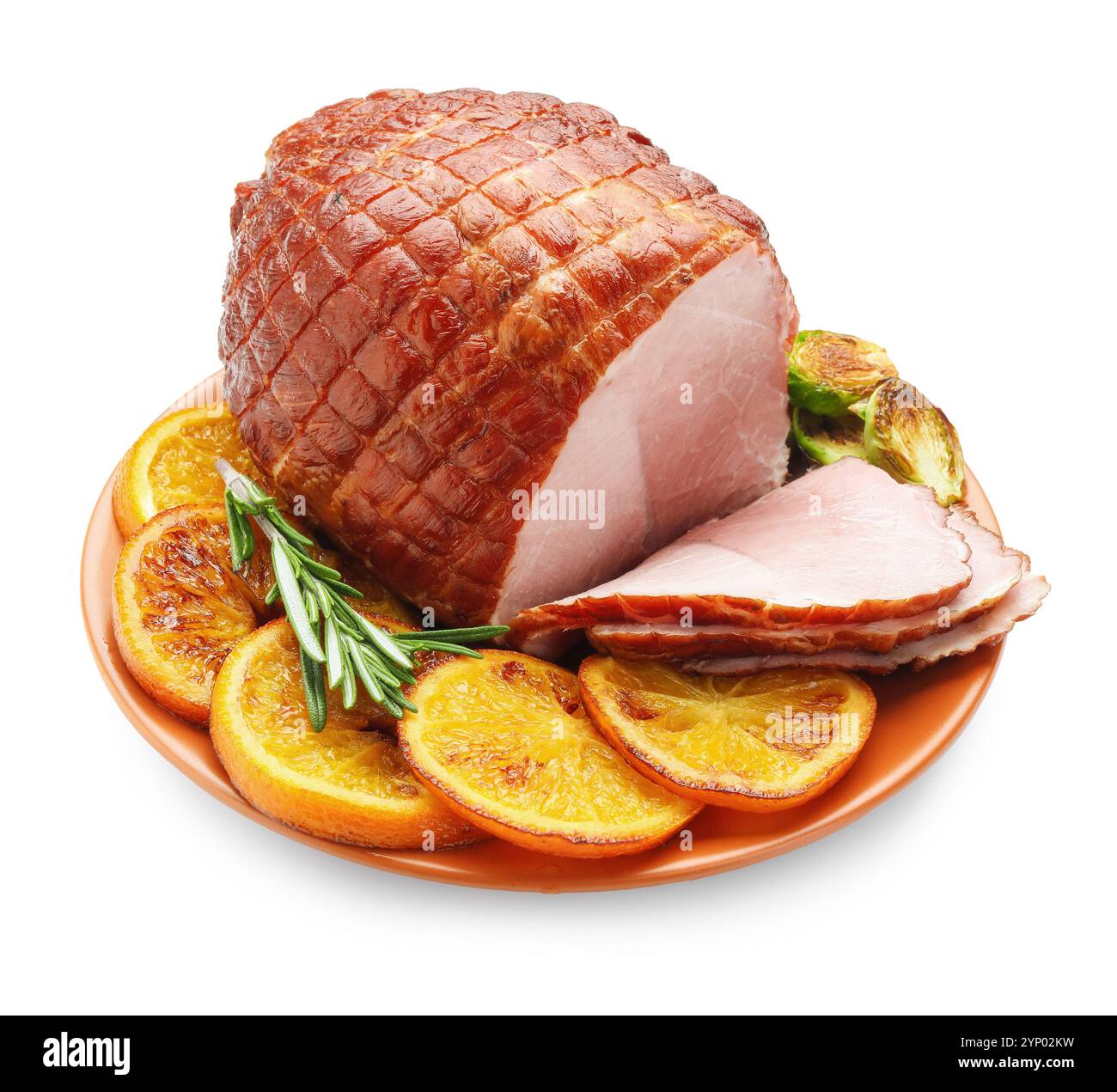 Christmas food. Tasty baked ham, oranges and vegetables isolated on ...