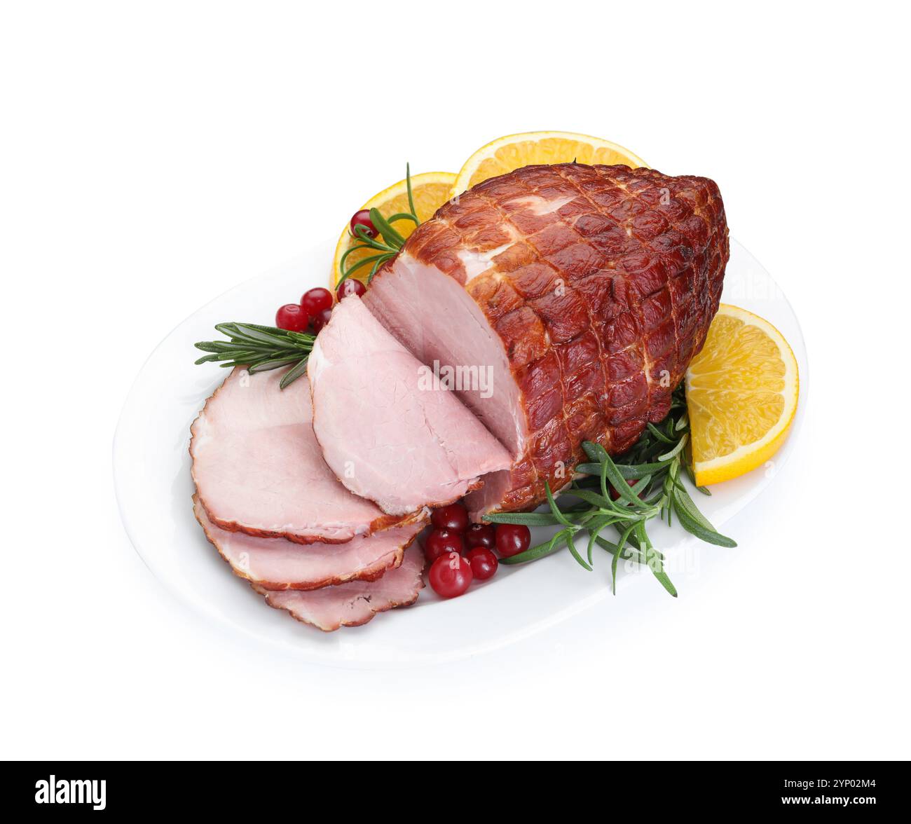 Christmas food. Tasty baked ham, oranges and cranberries isolated on ...