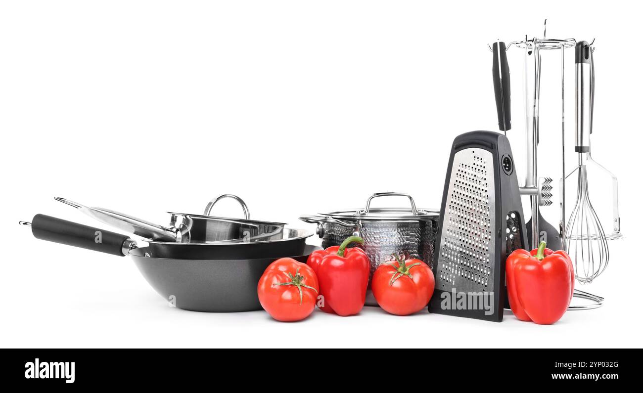 Different cooking utensils and products isolated on white Stock Photo ...