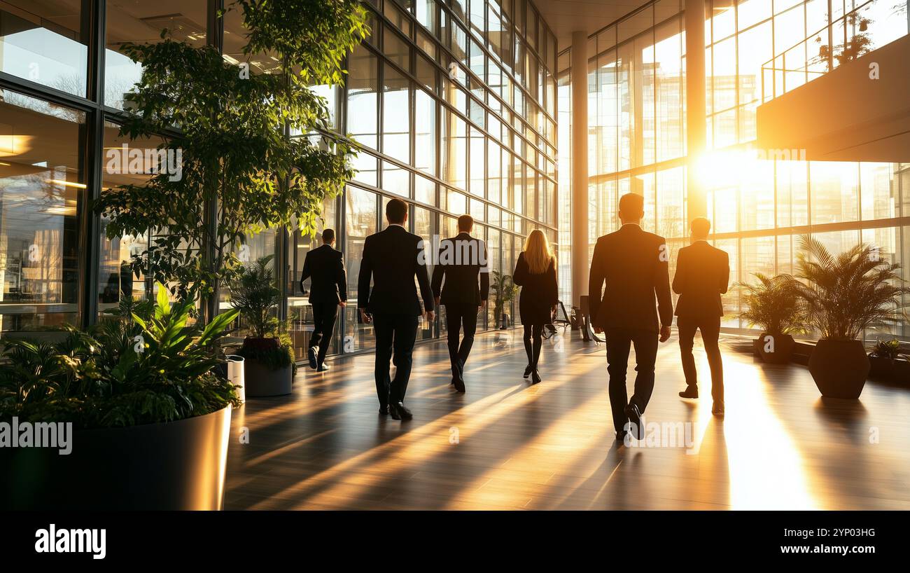 Modern corporate office hallway with glass walls, silhouettes of ...