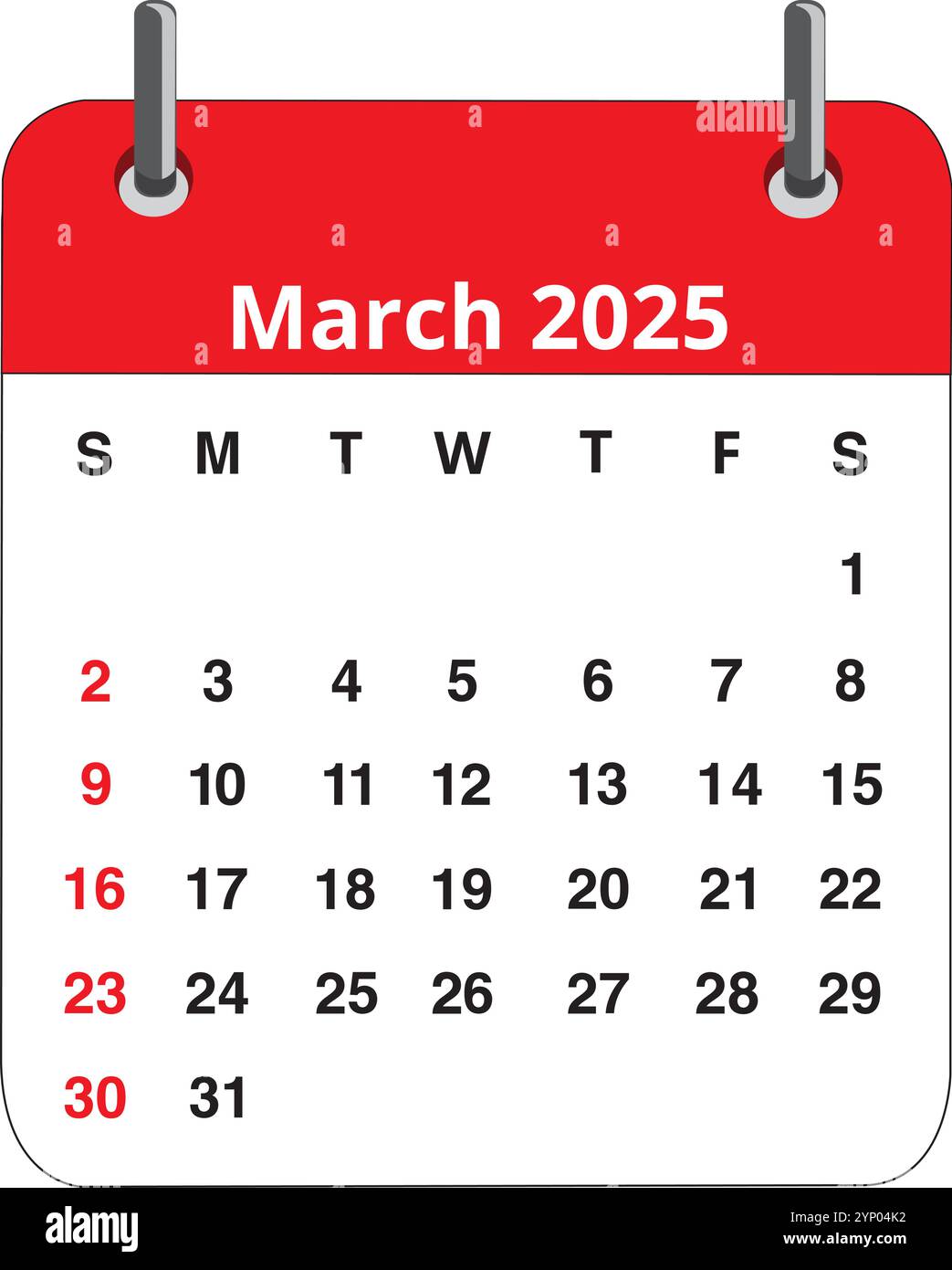 March 2025 calendar page isolated on a white background Stock Vector ...