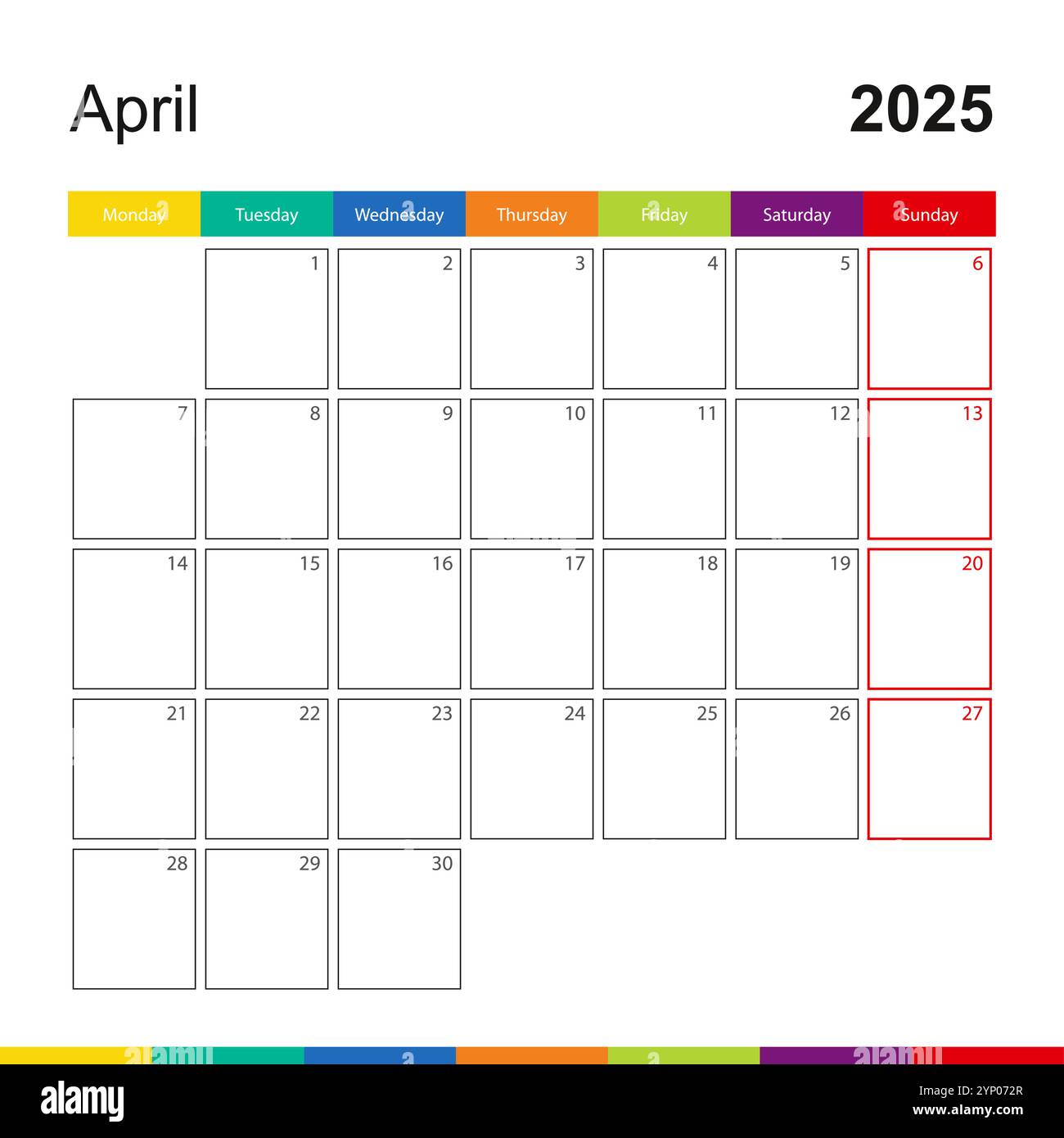 April 2025 colorful wall calendar, week starts on Monday. 2025 Calendar ...
