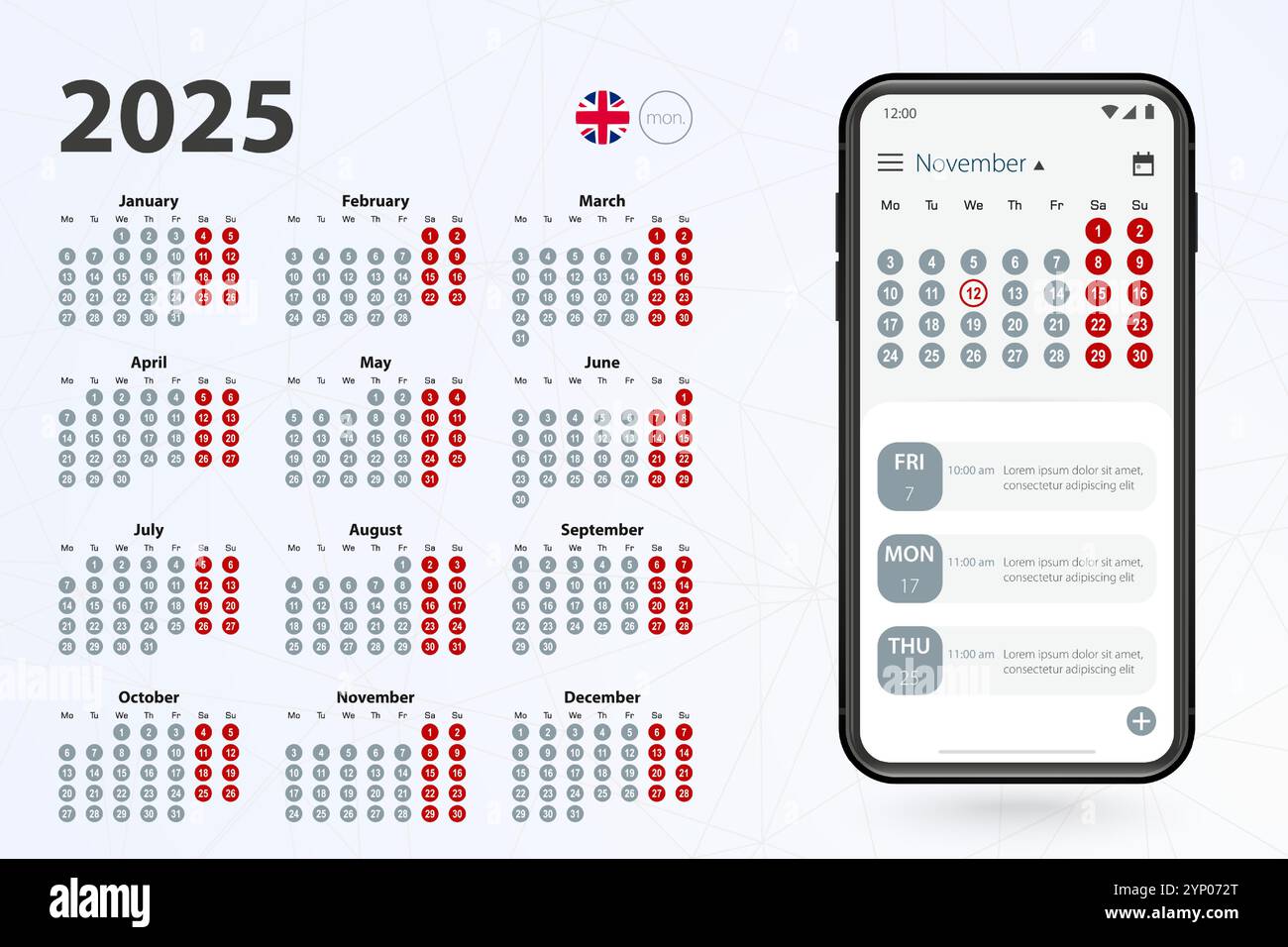 Calendar app for Cell phone, vector calendar 2025 week stars from ...