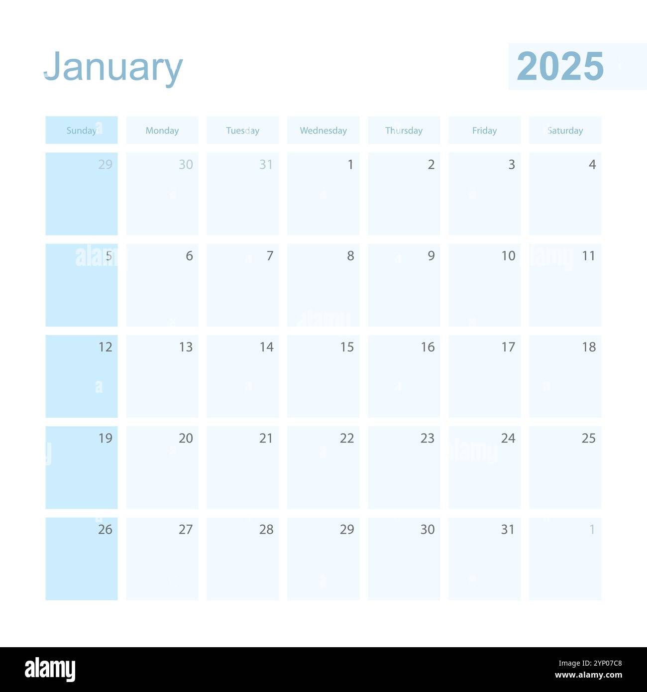 2025 January wall planner in blue color, week starts on Sunday ...