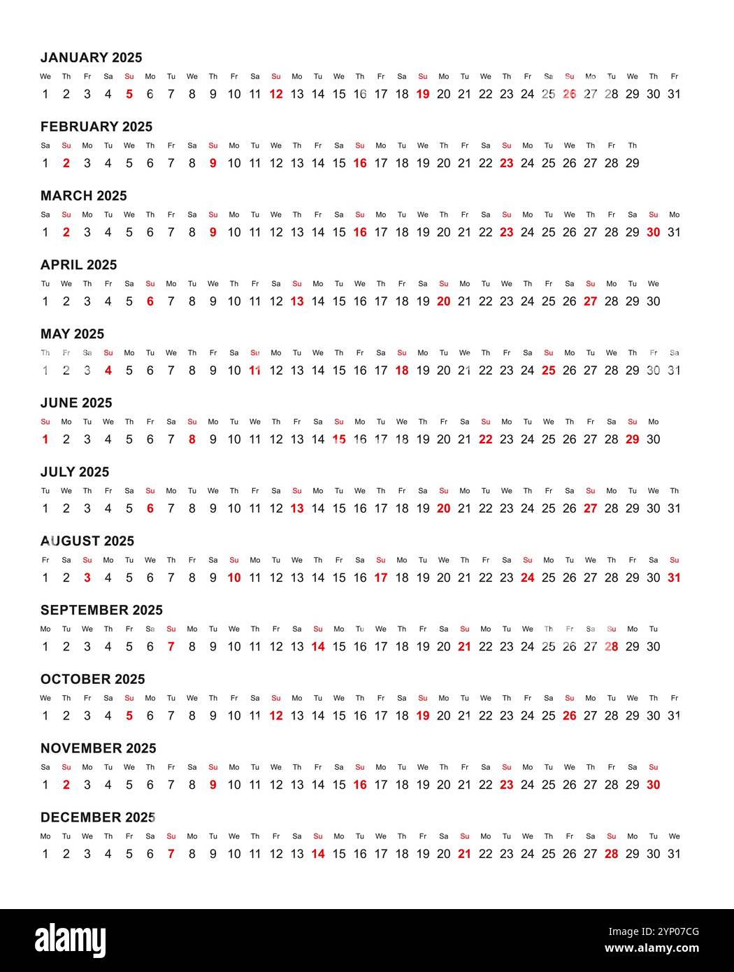 Simple horizontal calendar template year 2025, vector illustration ...