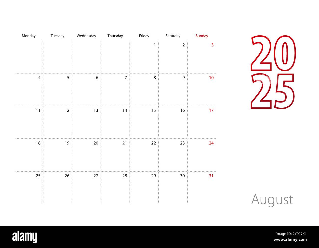 Calendar for August 2025 in modern design, planner template. Vector ...