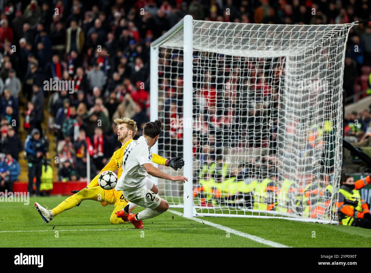 Caoimhin Kelleher of Liverpool makes a save Brahim Díaz of Real Madrid ...