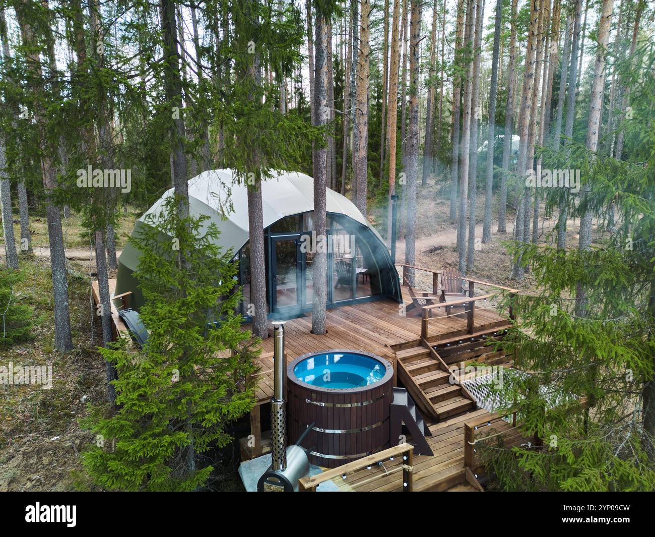 Discover a Serene Woodland Retreat featuring a luxurious Hot Tub nestled inside a Dome Stock ...