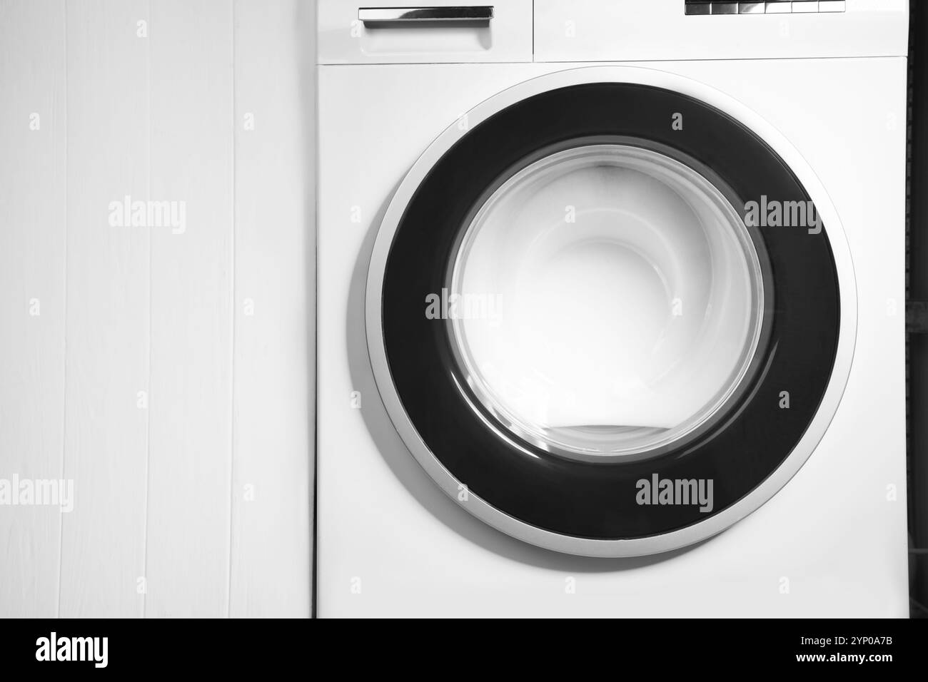 Washing machine with suds as background, closeup. Space for text Stock ...