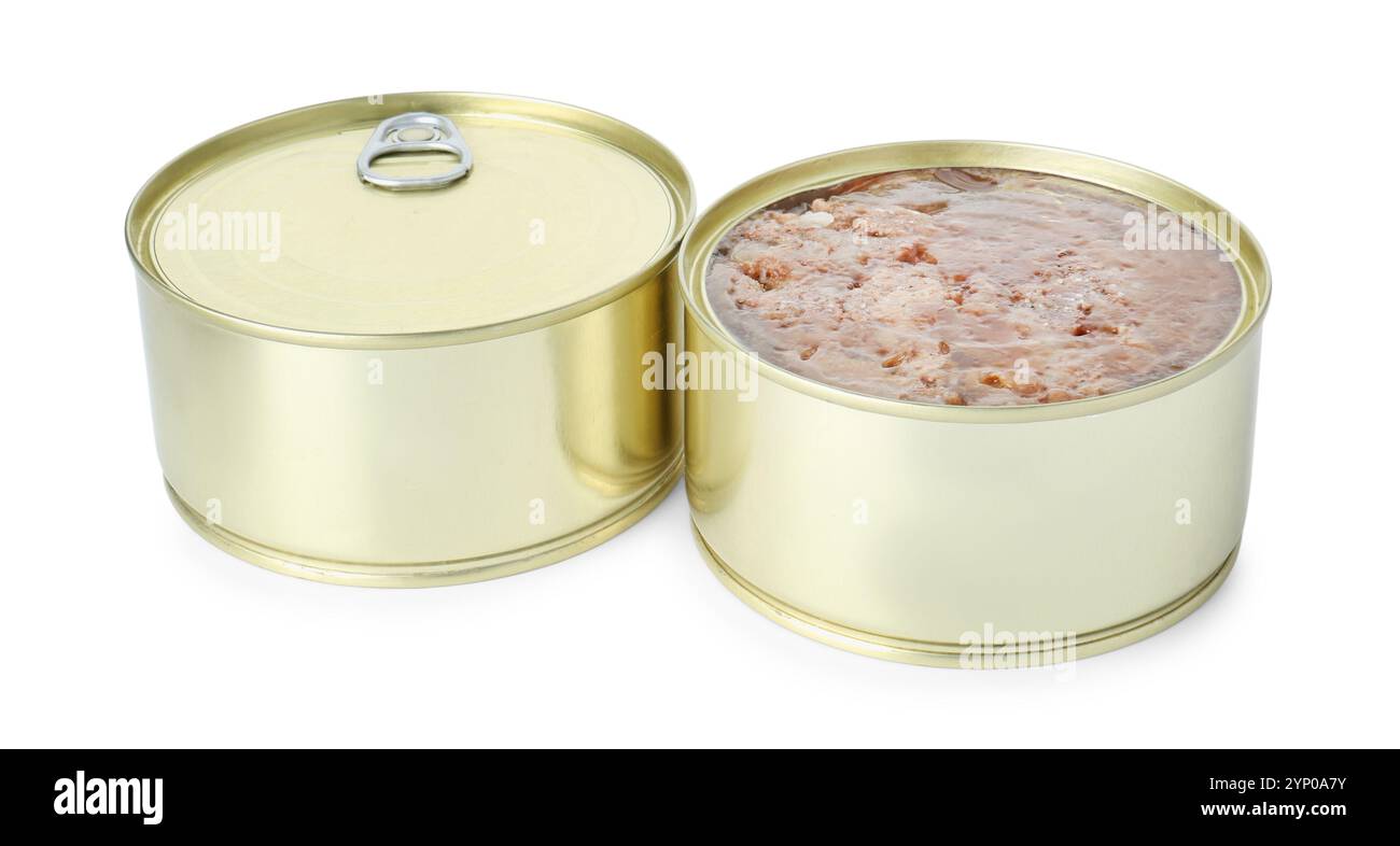 Canned meat in tin cans isolated on white Stock Photo - Alamy