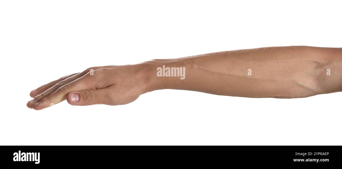 Man with bulging veins on his arm against white background, closeup ...