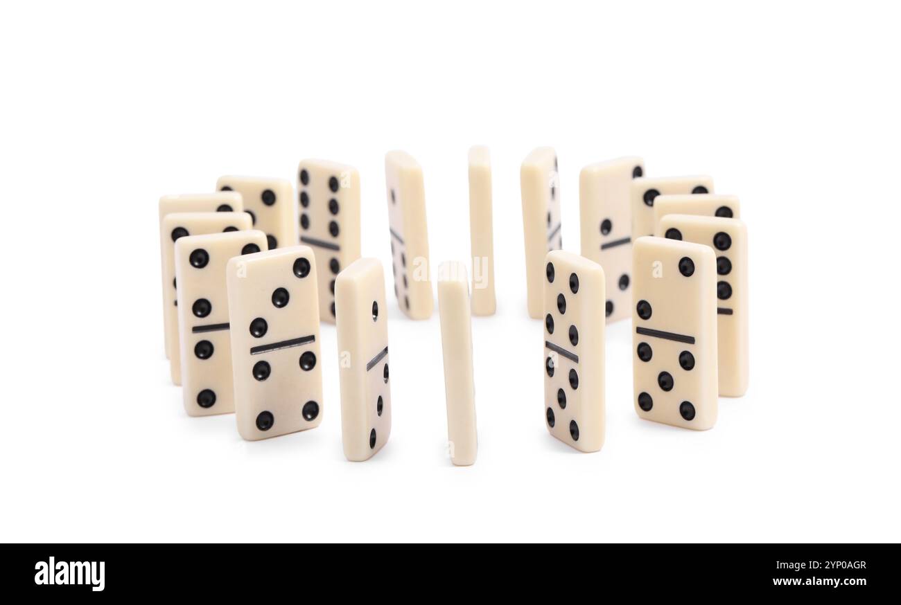 White domino tiles with black pips isolated on white Stock Photo - Alamy