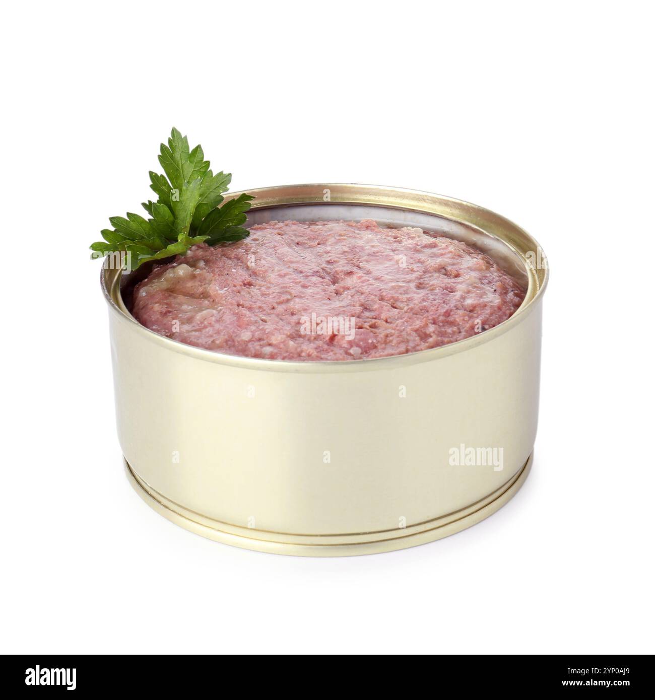 Canned meat with fresh parsley in tin can isolated on white Stock Photo ...
