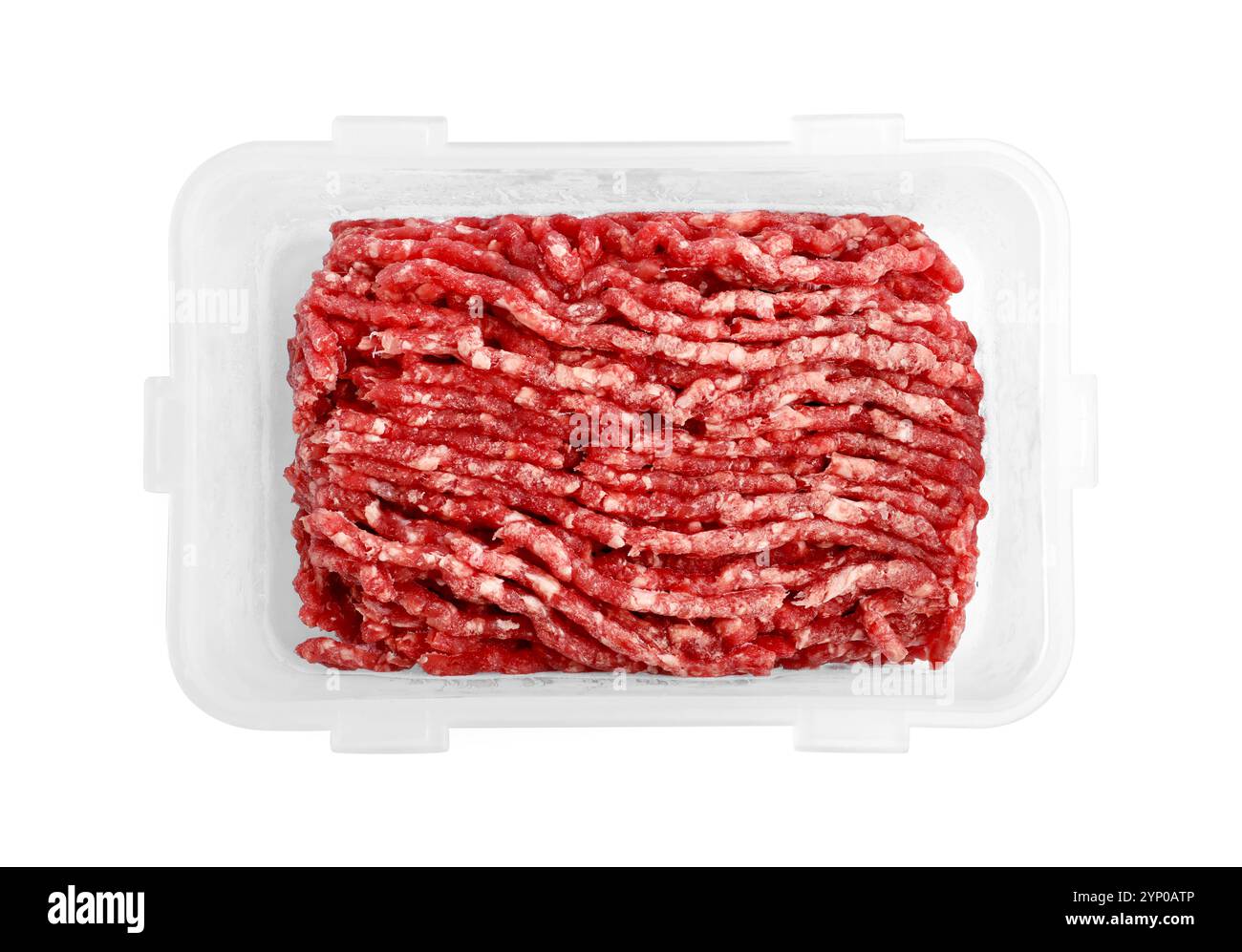 Frozen minced meat in container isolated on white, top view Stock Photo ...
