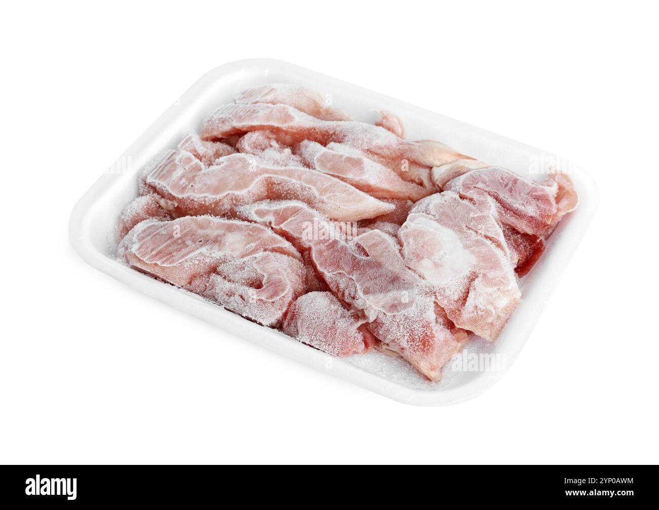 Frozen pieces of chicken fillet in container isolated on white Stock ...