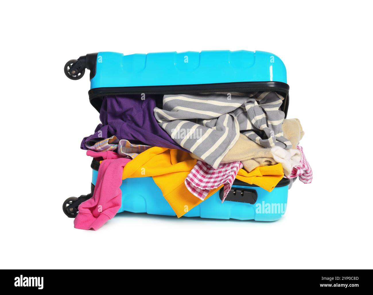 Packed suitcase full of clothes isolated on white Stock Photo - Alamy