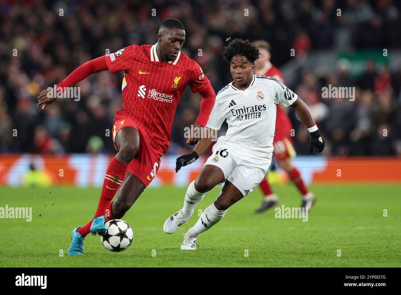 LIVERPOOL, UK - 27th Nov 2024: Ibrahima Konate of Liverpool under ...