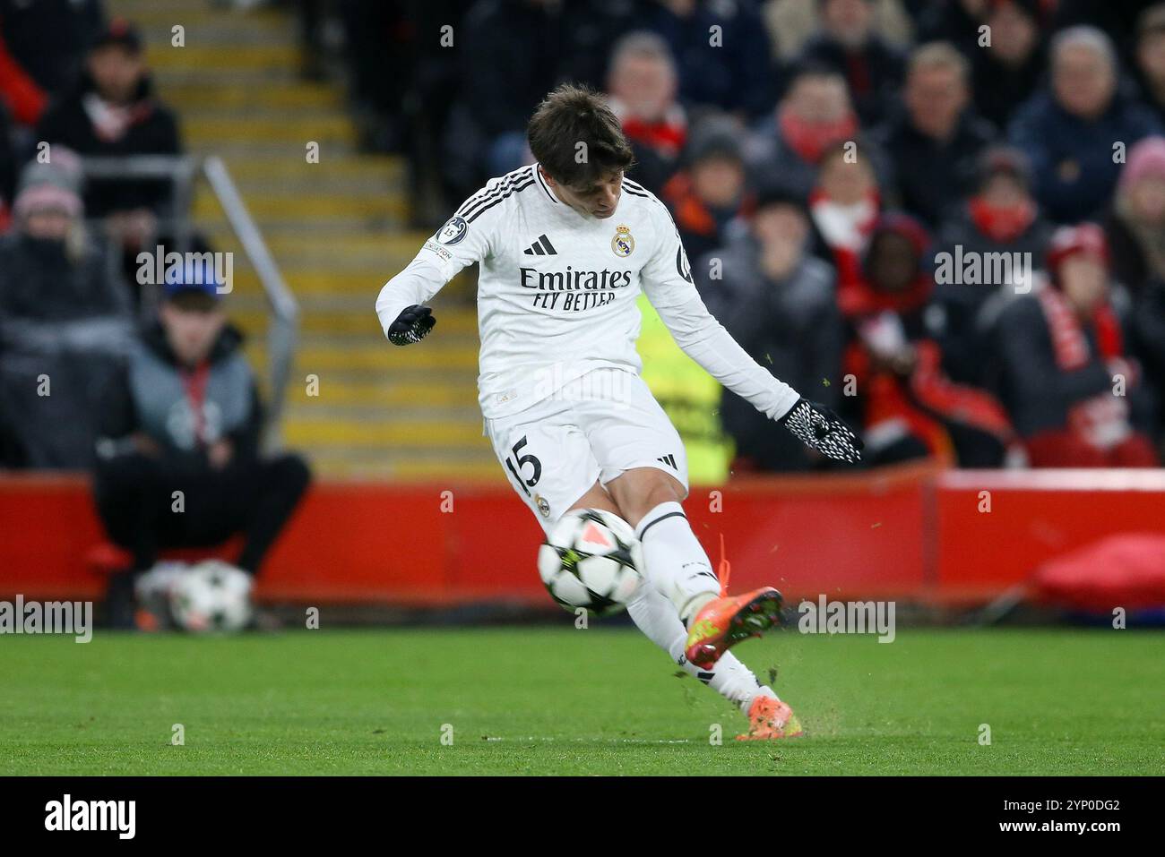 Liverpool, UK. 27th Nov, 2024. Arda Guler of Real Madrid takes a free ...