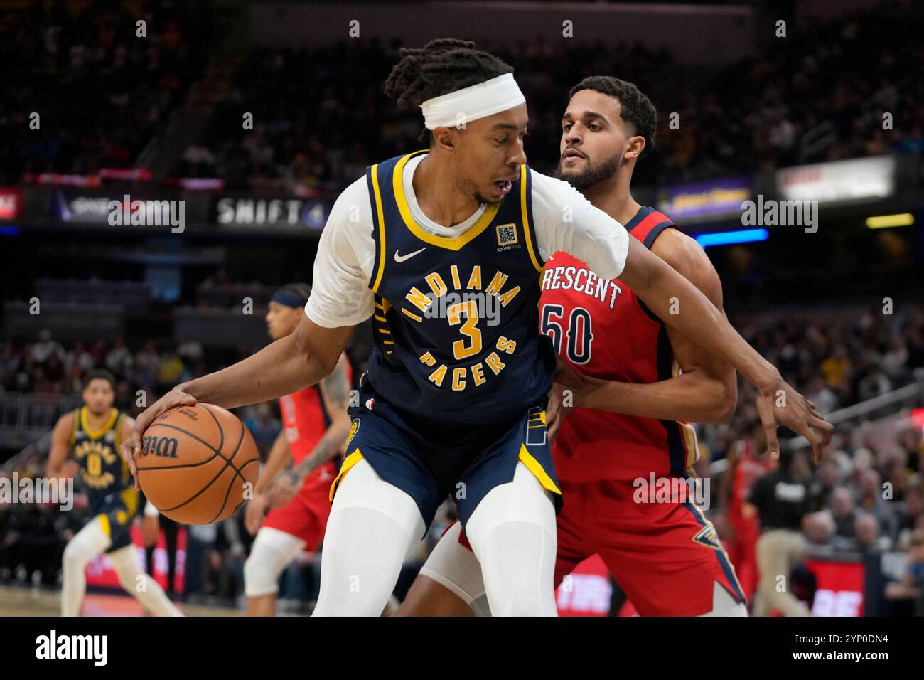 Indiana Pacers' Moses Brown (3) is defended by New Orleans Pelicans ...