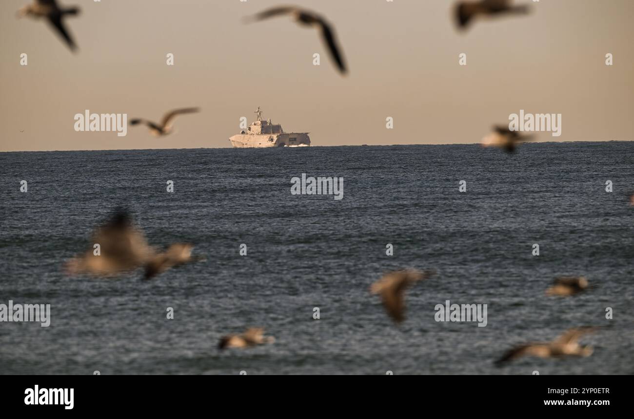 Birds frame the foreground as USS Canberra (LCS 30) arrives at Naval ...