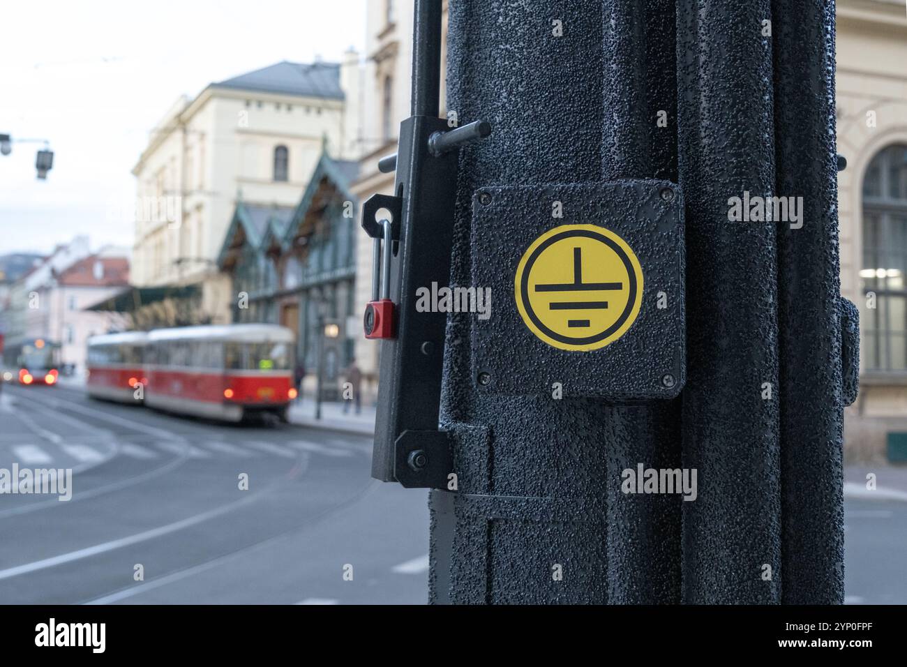 a grounded sign . tram lines in Prague, highlighting electrical wires ...