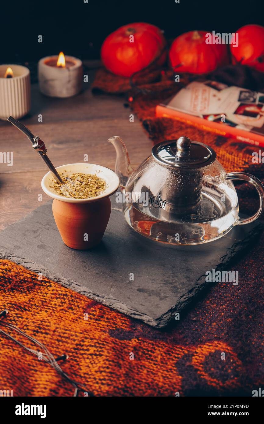 Healthy infused drink, classic Yerba Mate tea in a gourd with mobilla ...