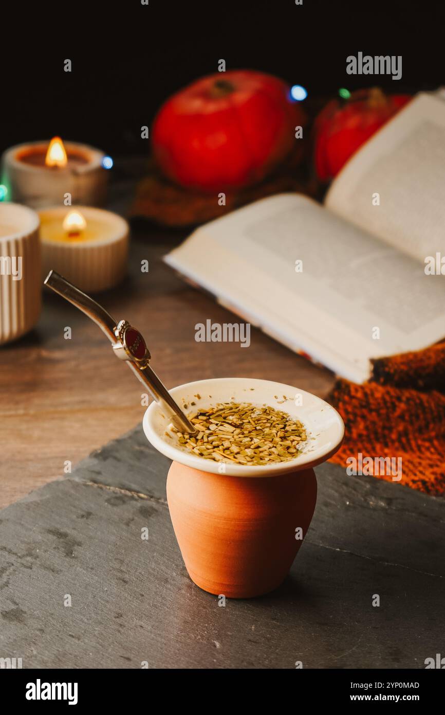 Healthy infused drink, classic Yerba Mate tea in a gourd with mobilla ...