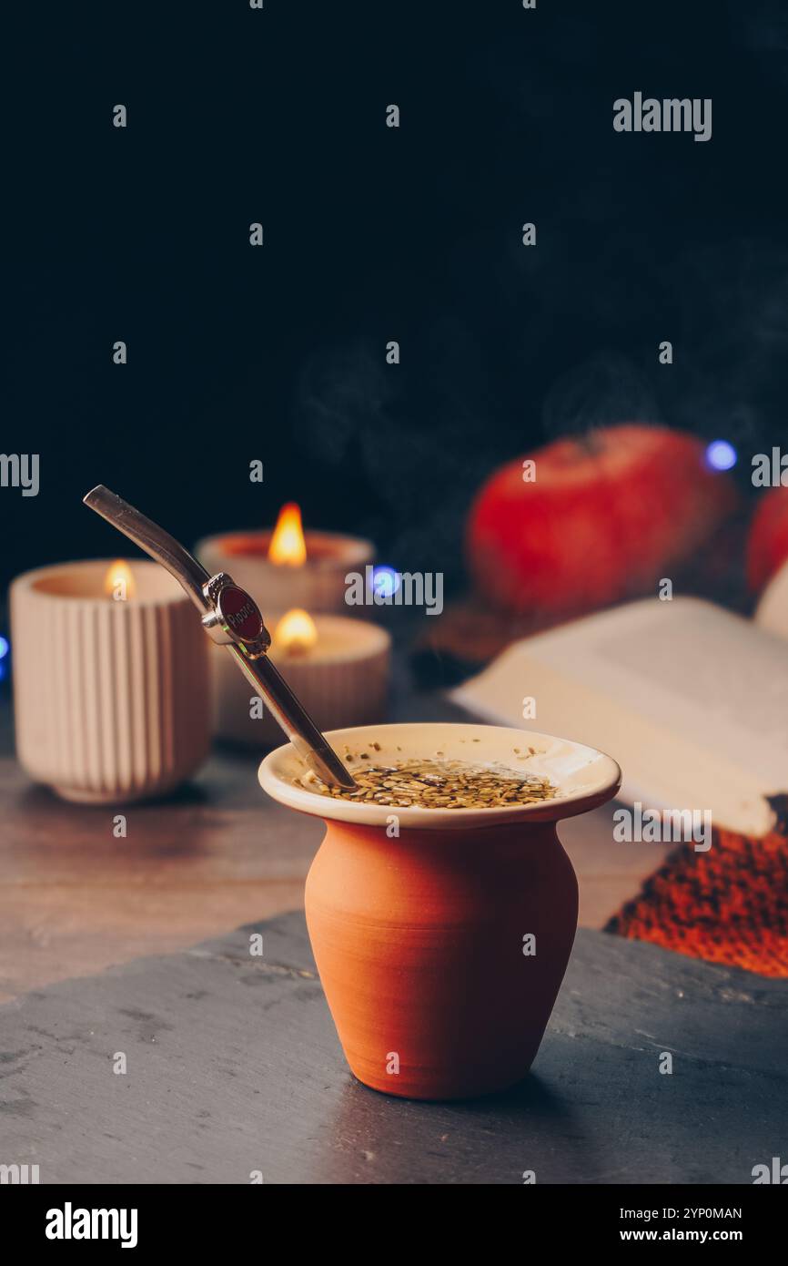 A healthy strong drink, the classic Yerba Mate tea is served in a ...